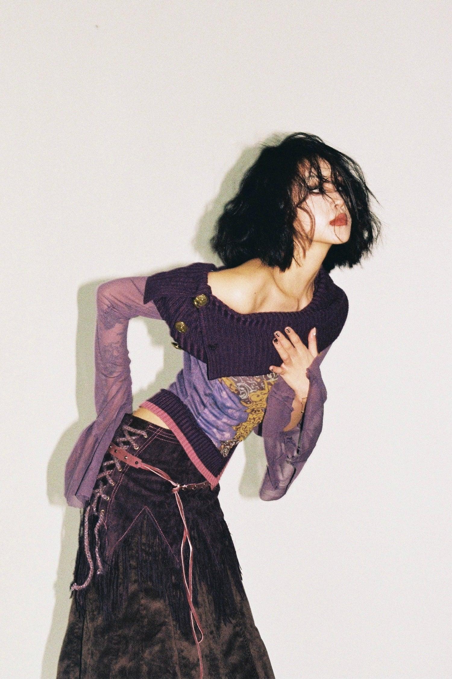 Pixie Rebels Purple Floral Mesh Top - Slim Fit with Trumpet Sleeves