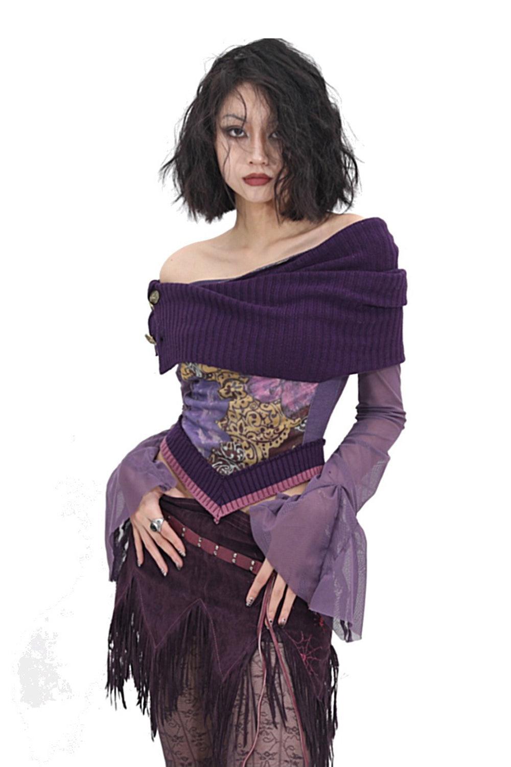 Pixie Rebels Purple Floral Mesh Top - Slim Fit with Trumpet Sleeves